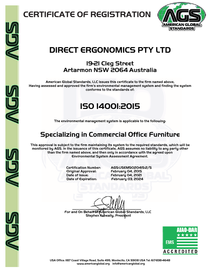 Certifications - AFRDI, GECA Certifications for Direct Ergonomics